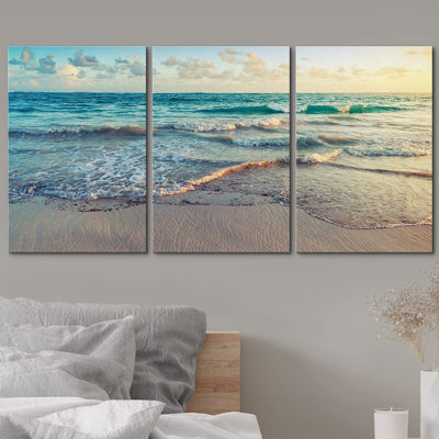 IDEA4WALL Aesthetic Sunset on Teal Ocean Coastal Beach Shore Framed Canvas 3 Pieces Print ...